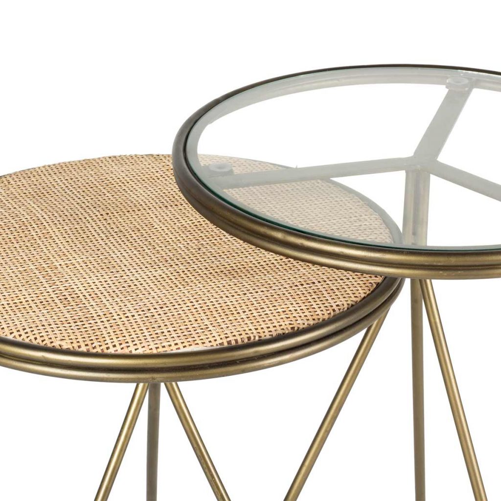 Golden cafe tables, they are made of metal.