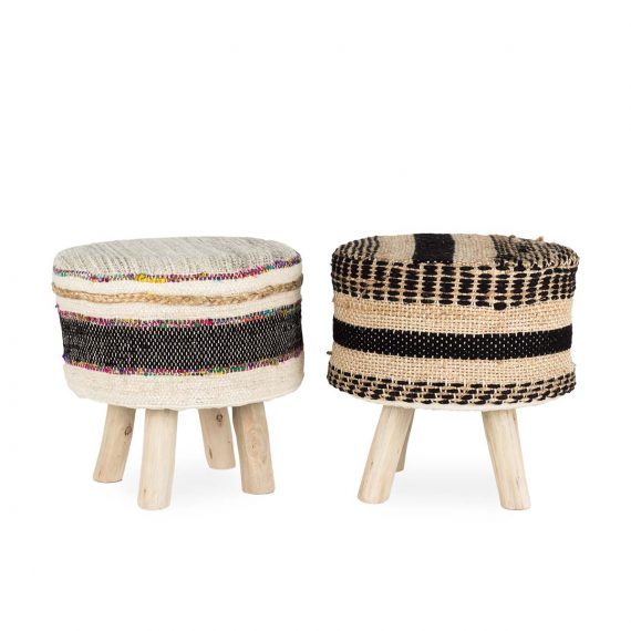 High stools upholstered in cotton and jute.
