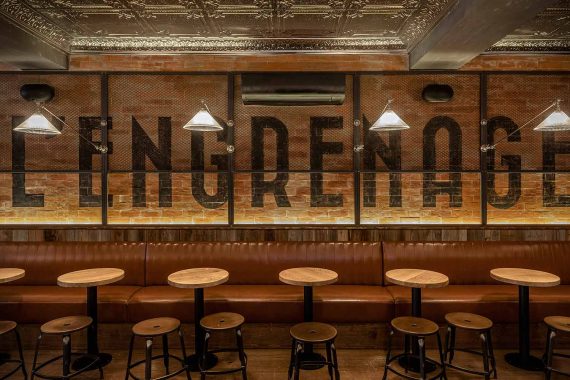 Industrial style design of L'Engrenage brewery bar.