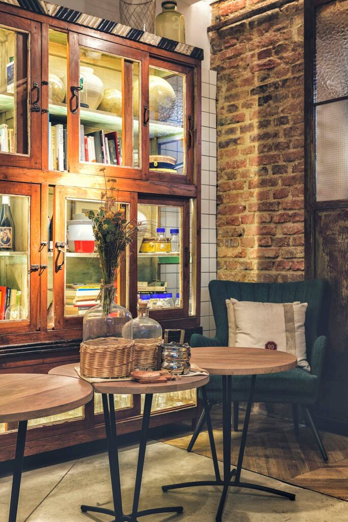 Apple. A collection of original café style tables.